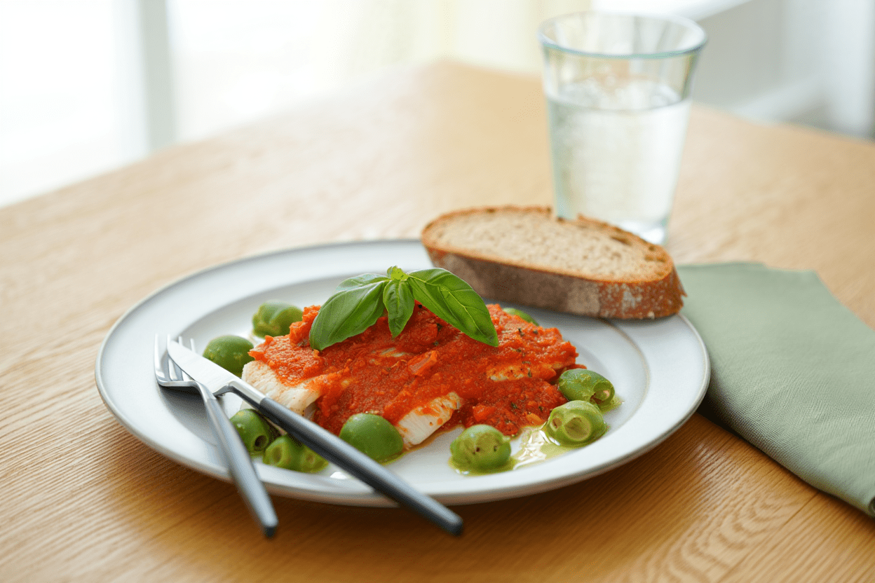 Merluza con tomate, albahaca y aceitunas verdes - La Grosella® - Comida ...